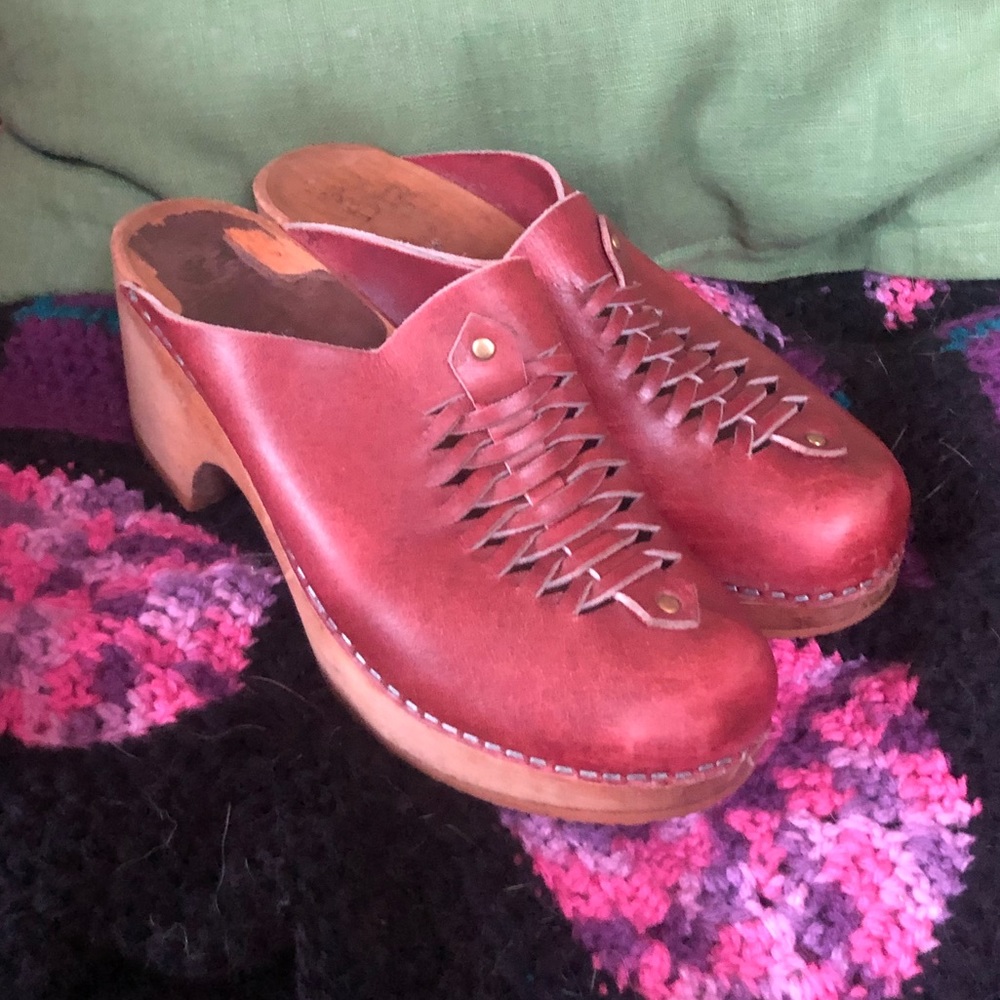 Vintage Swedish Burgundy Braided Leather Clogs - Gem